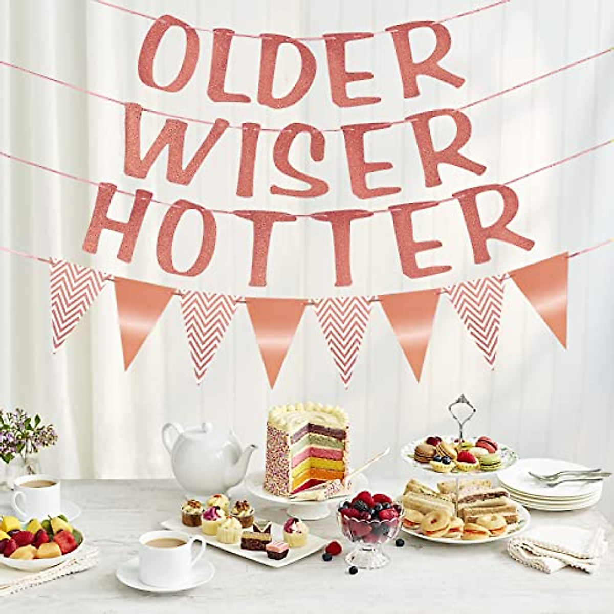 Older Wiser Hotter Banner, Funny Birthday Party Decorations for Adults, Rose Gold Glitter Party Supplies for Women, 30th 40th 50th 60th 70th 80th Bday Triangle Flags Sign Decor