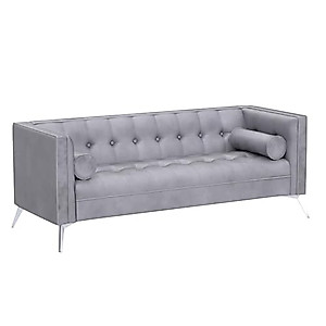 Mid-Century Velvet Chesterfield Sofa Couch, Modern Love Seats Sofa Furniture, Upholstered Button Tufted Couch with 2 Bolster Pillows for Living Room Apartment, Grey