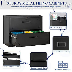 2 Drawer Lateral File Cabinet for Home Office, Filing Cabinets with Lock, Solid Stainless Steel Metal Storage Cabinet for Hanging Legal/Letter/F4/A4 Size Files, Assembly Required (Black)