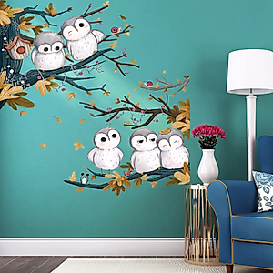 NOA Owls on Branches Cartoon Wall Sticker, Removable Waterproof Vinyl Animal Flowers Decal Decor, Lovely Art Mural for Nursery Bedroom Kids Room Home Decoration