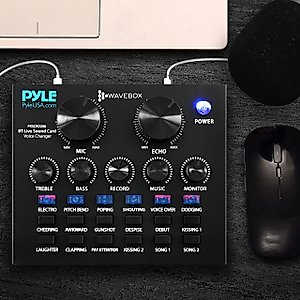Pyle Bluetooth Mini Audio Podcast Mixer - Live Streaming For PC Computer iPhone Broadcasting Voice Changer V8 Sound Card with 12 Sound Effects,3 Inputs, Mic Input - PKSCRD208.5