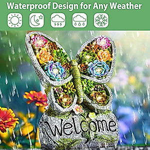 KULEDM Solar Garden Sculptures & Statues -Succulent Butterfly Resin Craft Garden Statue Outdoor Decor with Solar Powered 8 LED Lights for Garden, Patio, Lawn, Yard, Balcony, Porch’