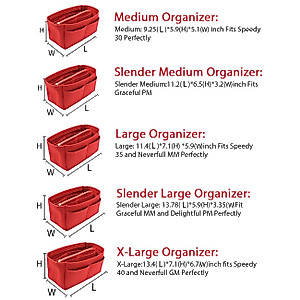 LEXSION Felt Purse Bag Organizer Insert with zipper Bag Tote Shaper Fit Speedy Neverful PM MM 8021 Red M