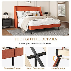 SHA CERLIN Upholstered Bed Frame Queen Size with Streamlined Wingback Headboard, Breathable Linen Fabric, Solid Wooden Slats, Easy Assembly, Orange