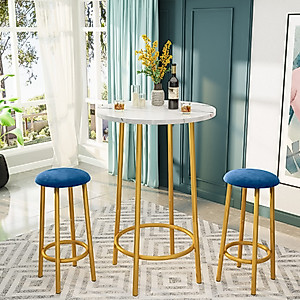 AWQM 3 Piece Bar Table Set, Round Pub Dining Set with Golden Metal Frame, Velvet Bar Stools, Ideal for Breakfast Nook, Kitchen, Small Spaces