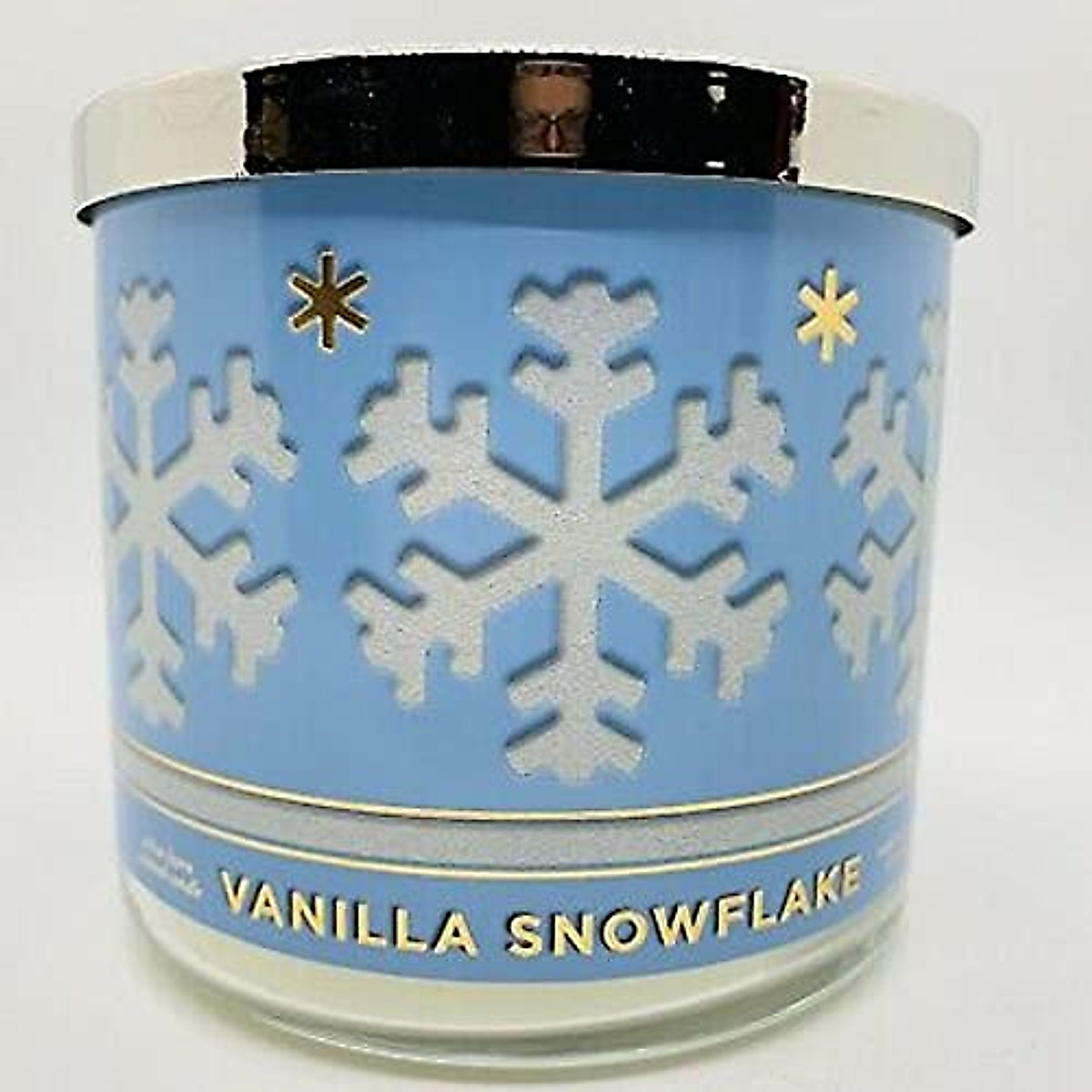 Bath and Body Works Vanilla Snowflakes 3 Wick Candle 14.5 Ounce Blue Label with Snowflakes Packaging Winter 2021