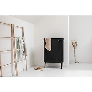 Brabantia Bo Laundry Hamper Hi (Matt Black) 2 Compartment Removable Laundry Bag 2 x 12 Gal, Ventilated Stylish Dirty Clothes Holder, Flat Back, Off-the Ground, Anti-Rust Materials for Bathroom Use