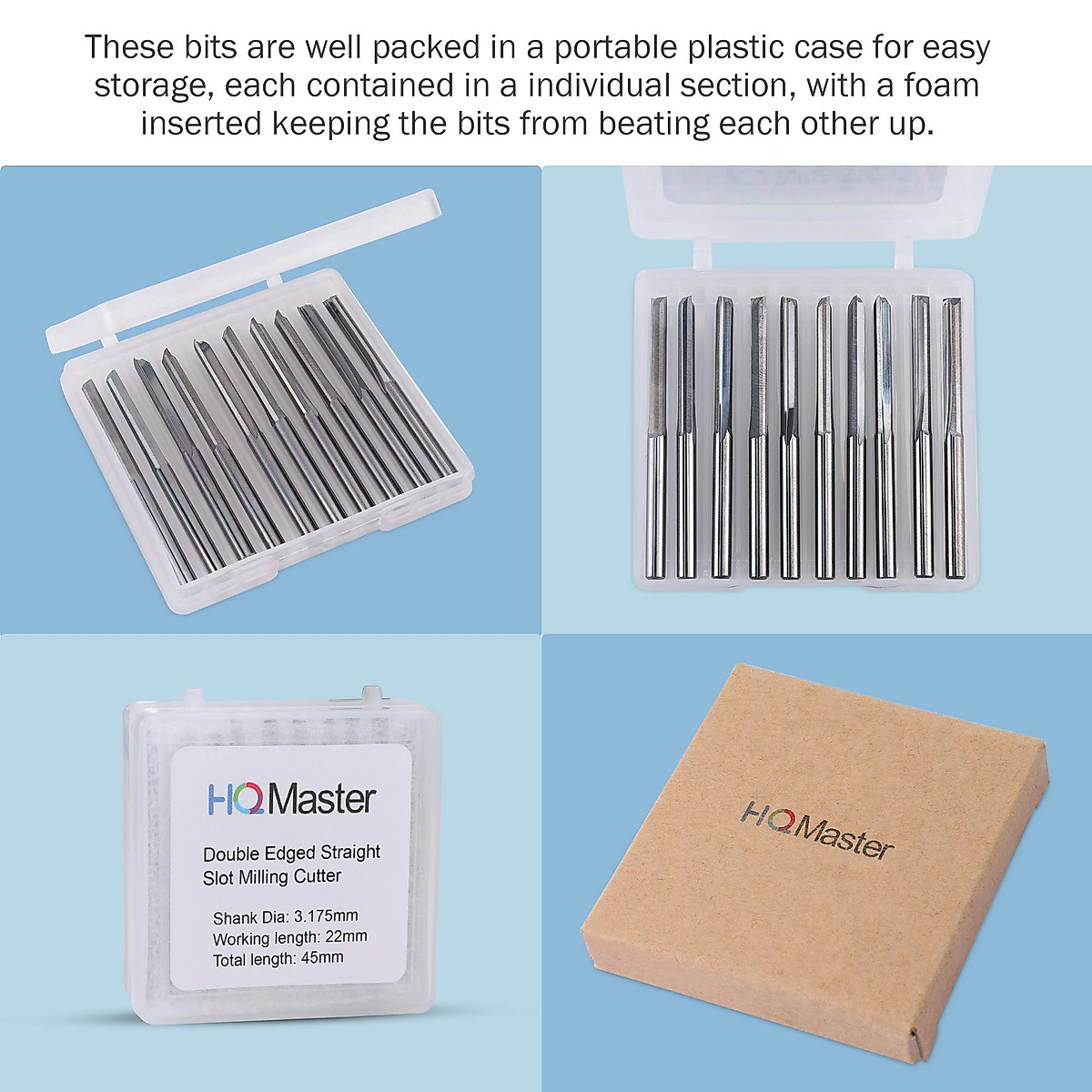 HQMaster CNC Router Bits 1/8 Router Bit Straight Router Bit 1 8 Shank Straight Flute End Mill Cutter 2-Flute Milling Cutting Tungsten Steel 22mm CEL/45mm OAL for MDF PVC Acrylic Chipboard Wood 10 Pack