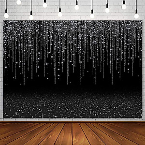 Sendy 7x5ft Black and Silver Glitter Bokeh Backdrop Birthday Party Decorations for Adult Kids Photography Background Silver Black Sparkle Wedding Prom Bday Party Decor Banner Photo Shoot Studio Props