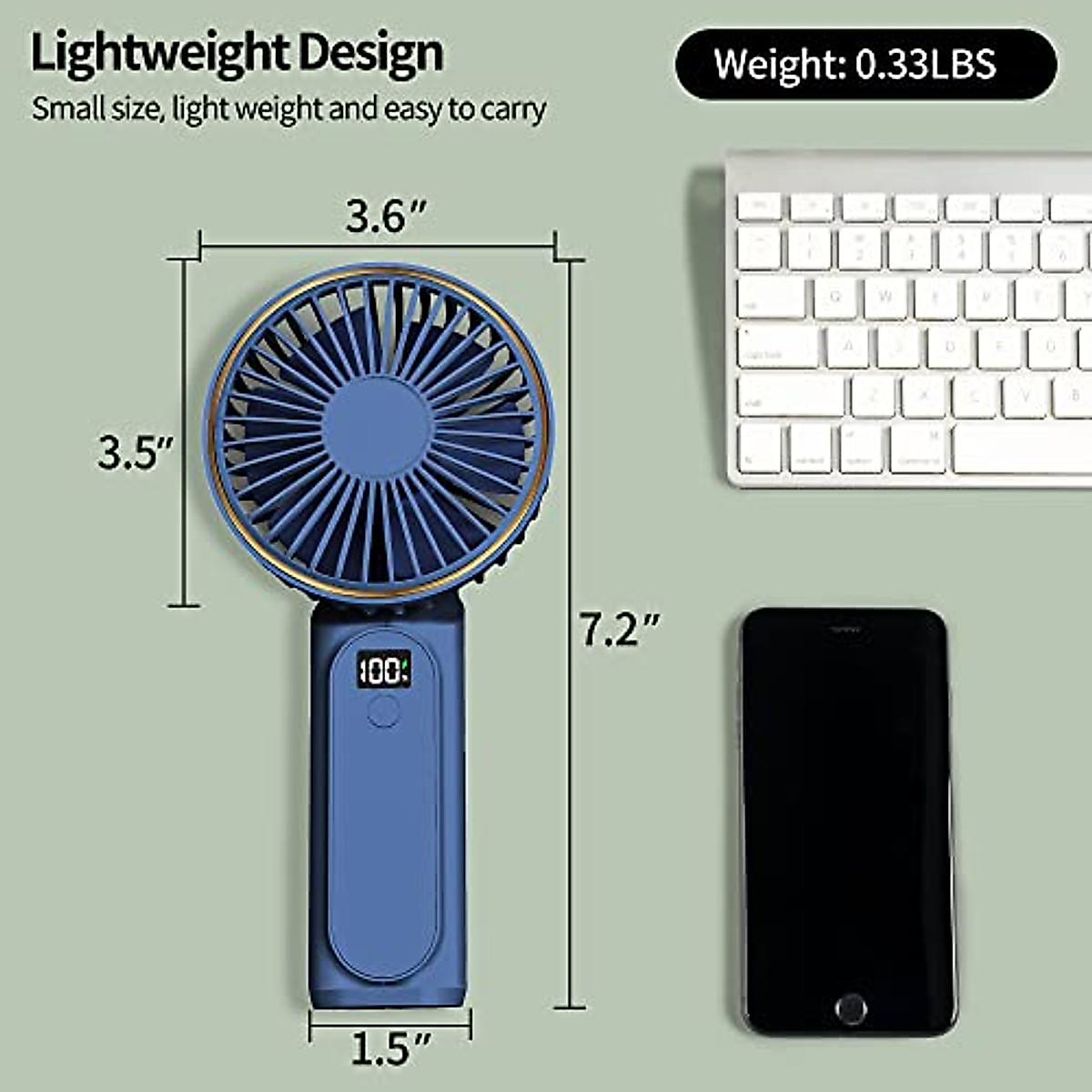 TUNISE Portable Handheld Fan, Neck Fan, 4000mAh Desk Fan, 180° Adjustable, 6 Speed Wind, Display Electricity in Real Time, USB Rechargeable Foldable Fan, Quiet Personal Fan with Power Bank Blue