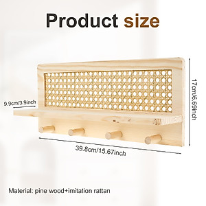 PHWRECZ Rattan Rack Shelf Rattan Coat Rack Shelf Wall Mounted with 4 Hooks Decorative Rattan Wall Rack Floating Rattan Shelf Wall Mount Entryway Rattan Rack Easy to Install