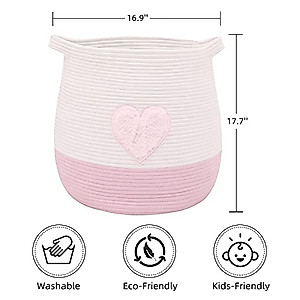 childishness ndup Large Cotton Rope Basket, Woven Storage Basket for Toy, Laundry and Blanket Organizer Basket, Round Hamper Basket with Handles for Kid's Room 17.7"x16.9" (Pink Heart)
