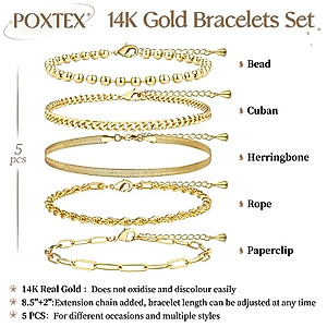 Poxtex Gold Bracelets for Women, 14K Gold Dainty Waterproof Adjustable Bracelets for Women Trendy, Gold Jewelry Sets Inclued Beaded, Cuban, Paperclip, Herringbone, Rope, 7"+2" Extender Chain
