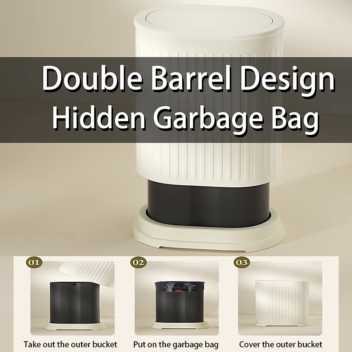 Aupekro Bathroom Trash Can with Lid, 4 Gallon Stainless Steel Garbage Can with Removable Inner Bucket, Slim Rectangular Trash Can for Living Room, Kitchen, Office, Bedroom (Milky White)