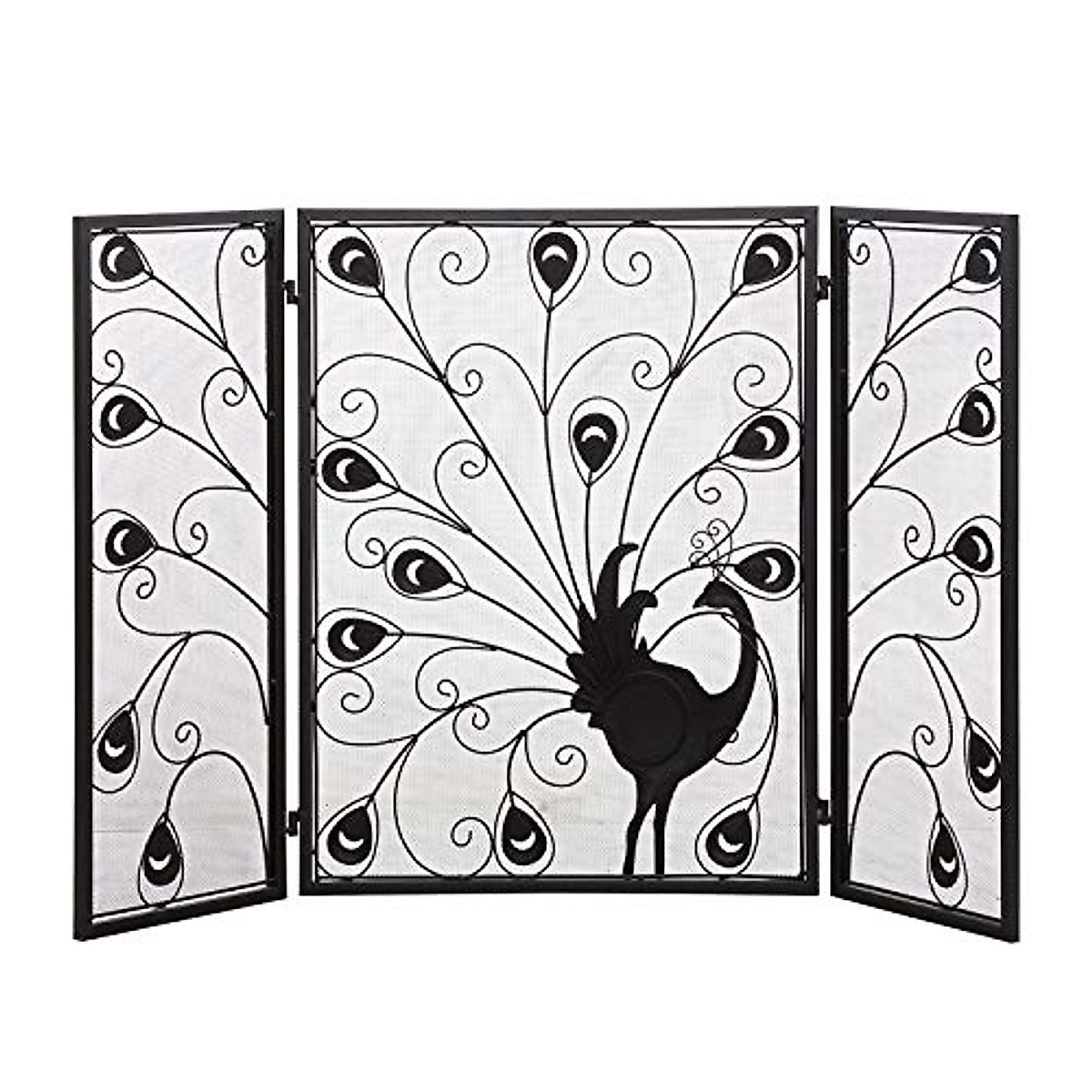 Deco 79 Metal Peacock Fireplace Screen Rainbow 3 Panel with Crystal Accents and Black Frame, 48" x 1" x 32", Blue