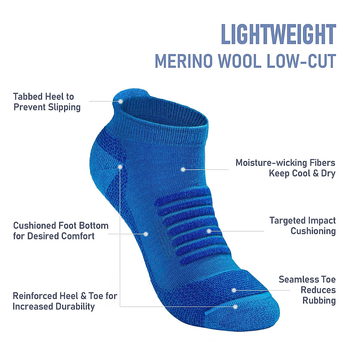 SAMSOX 2-Pair Merino Wool Running Socks, Blue L