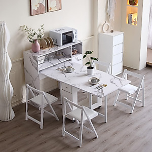 FUNROLUX Folding Dining Table and Sideboard Cabinet Set, Movable Kitchen Table and Buffet Cabinet with Storage Space for Dining Room, Living Room (White)