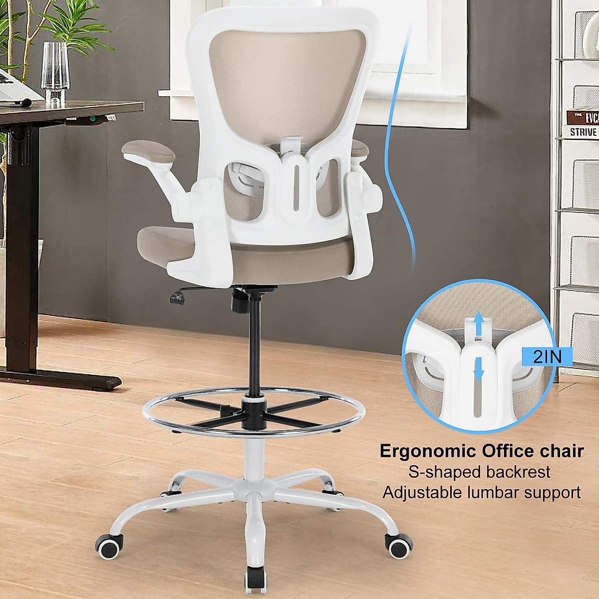 Chairoyal Office Drafting Chair, Ergonomic Tall Office Desk Chair with Adjustable Height and Footrest Ring, Executive Computer Standing Desk Stool Chair with Flip-Up Arms for Draw, Lab, Work