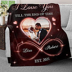 SANDJEST Personalized Couple Photo Blanket Love You Till The End of Time Fleece Throw Blanket Customized Gift for Couple Lovers Newlyweds Anniversary Girlfriend Boyfriend