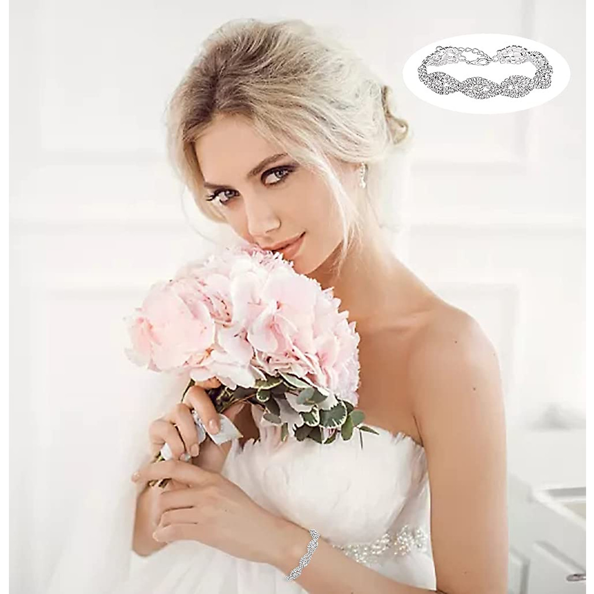 MOZAKA 5Pcs Sparkle Rhinestone Stretch Bracelets Bangle for Women Bling Silver Bridal Wedding Strand Stackable Tennis Bracelet Set