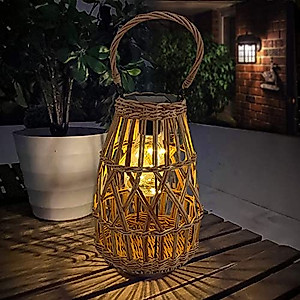 COLLECTIVE HOME - Outdoor Rattan Lantern, Solar Lantern with Handle, Summer Garden Decor, 15" Patio Waterproof Hanging Table Natural Lamp Lights, Wedding Home Decoration, Auto On/Off