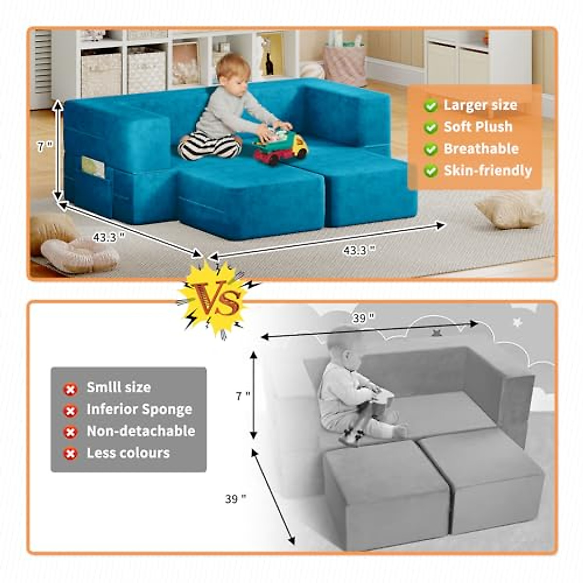 linor Kids Couch, Toddler Couch with Washable and Durable Covers, Modular Kids Sofa Couch, Foldable Loveseat & Two Ottoman, Fold Out Lounger (Navy)