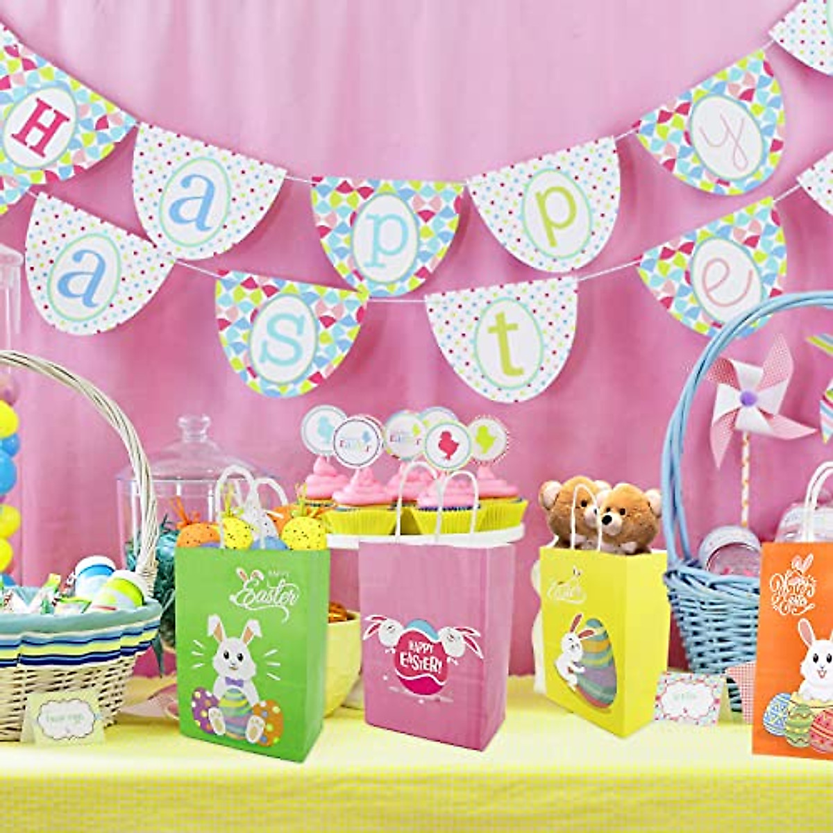 16Pcs Easter Gift Bags Bunny Paper Treat Bags with Handle Easter Egg Hunts Party Favors Cookie Candy Gift Wrapping, 4 Styles Easter Basket