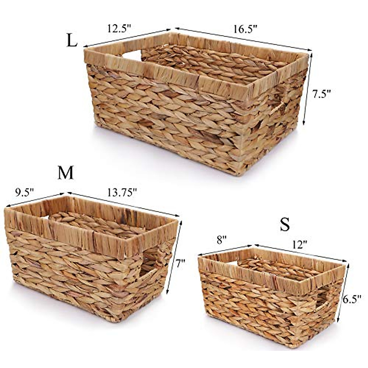 Yesland 3 Pack Water Hyacinth Storage Baskets, Natural Multisize Rectangular Storage Bins with Handle, Hand-Woven Organizer Container Bins with Iron Wire Frame for Bedroom, Living room