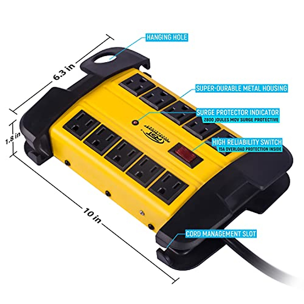 CRST 10-Outlets Heavy Duty Power Strip Metal Surge Protector with 15 Amps, 15-Foot Power Cord 2800 Joules for Garden, Kitchen, Office, School, ETL Listed(3165047) (10-Outlet, Yellow)