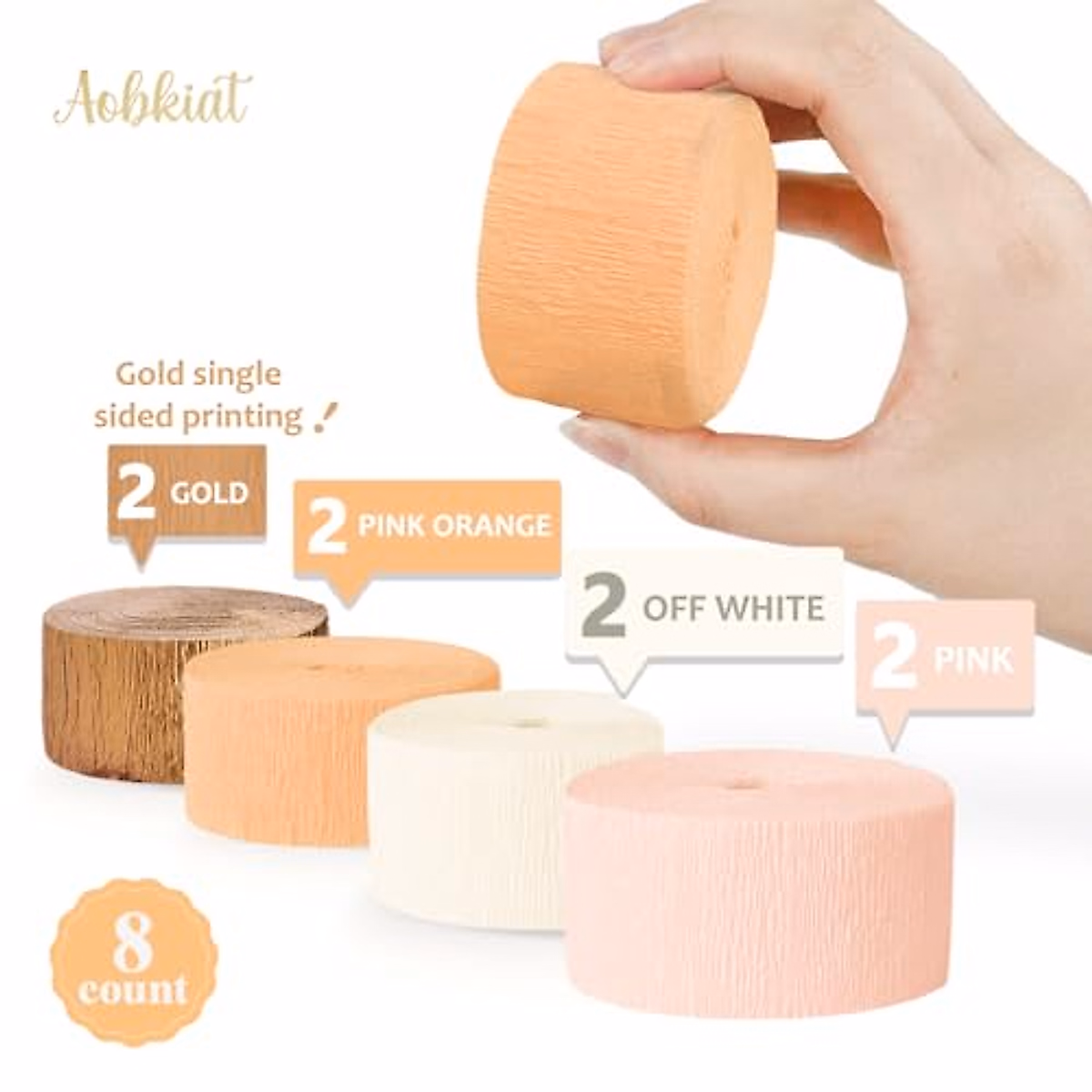AOBKIAT Wedding Decor Gold Pink Orange Gold Crepe Paper 8 PCS Streamers Party Decorations for Wedding, Bachelorette Party, Birthday, Bridal Baby Shower, Anniversary Party Backdrop