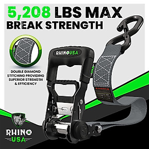 Rhino USA Ratchet Straps Tie Down Kit, 5,208 Break Strength - includes (2) Heavy Duty 1.6" x 8' Rachet Tiedowns with Padded Handles & Coated Chromoly S Hooks + (2) Soft Loop Tie-Downs