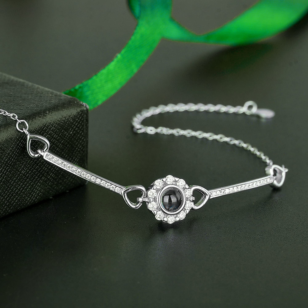 Portonss Personalized Photo Projection Bracelet Custom Round Charm Bracelets with Picture Inside I Love