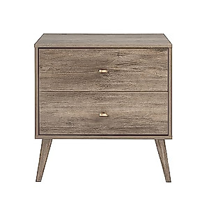 Prepac Milo Mid-Century Modern 2 Drawer Nightstand, Bedside Table, Contemporary Bedroom Furniture, 16"D x 25"W x 25"H, Drifted Gray