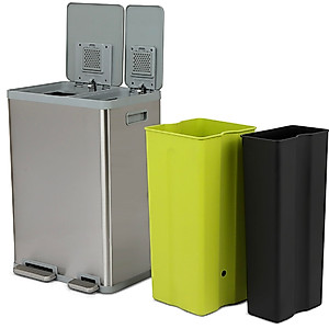 SIMPLI-MAGIC 60 Liter / 16 Gallon Rectangular Hands-Free Dual Compartment Recycling Kitchen Step Trash Can with Soft-Close Lid, Brushed Stainless Steel (38L x 22L Capacity)