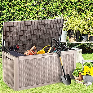 NChanmar Deck box,Outdoor Storage Box 100 Gallons Waterproof Lockable Large Resin Storage Container for Patio Storage,Toys,Garden Tools(Tan)