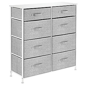 mDesign Tall Steel Frame/Wood Top Storage Dresser Furniture Unit with 8 Slim Removable Fabric Drawers, Large Bureau Organizer for Bedroom, Living Room, Closet - Lido Collection, Gray, Pack of 1