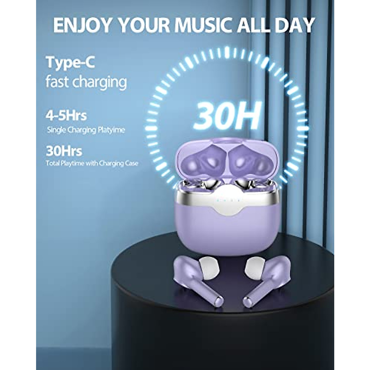 Bluetooth 5.3 Wireless Earbuds, Deep Bass Sound Clear Call, Noise Cancelling with 4 Microphones, 30H Playtime, IPX7 Waterproof Protection, Comfortable Wearing, Compatible with iPhone Android, Purple