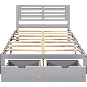 Full Size Bed Frame with 2 Drawers, Full Bed Frame with Storage, Wooden Platform Bed Frame with Headboard, Noise Free, No Box Spring Needed for Teens Adults Bedroom (Gray)