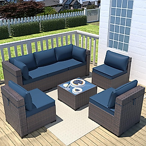 ASJMR Outdoor Patio Furniture Set, 14 Pieces Outdoor Sectional Sofa, All-Weather PE Rattan Conversation Set with Tempered Glass Top Table & Cushions(Dark Blue)