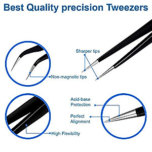 MMOBIEL 7x Precision Tweezers Set - Anti-Static Stainless Steel ESD Tweezers - For Electronics, Laboratory Work, Jewelry, Craft, Soldering and more