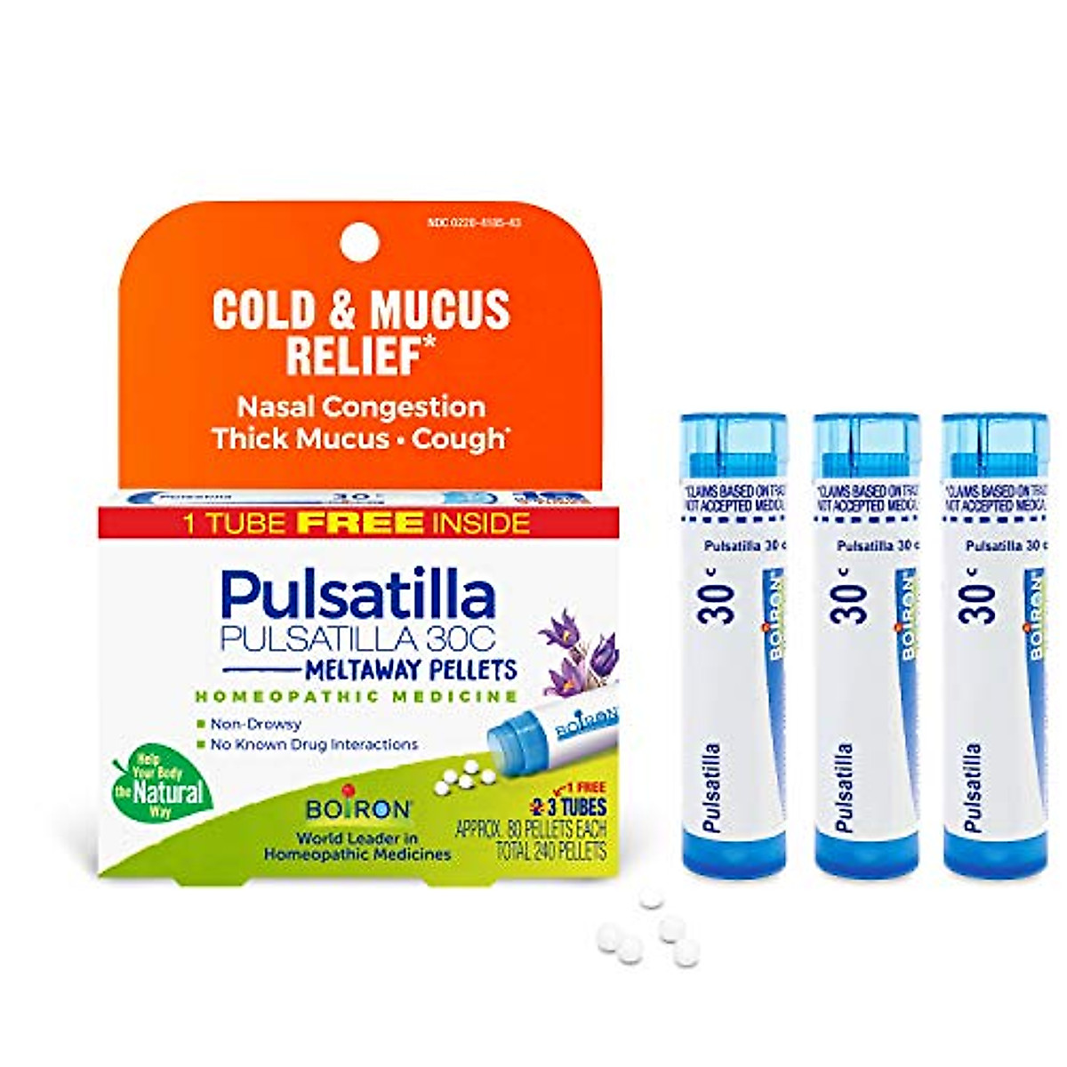 Boiron Pulsatilla 30C Homeopathic Medicine for Relief from Cold, Nasal Congestion, Thick Mucus, and Cough - 3 Count (240 Pellets)