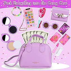 Learn2M Purple Play Purse for Little Girls Ages 3-6, My First Purse Toy with Handbag, Makeup Set, Sunglasses, Smartphone, Wallet, Car Keys, Credit Cards and Fake Money