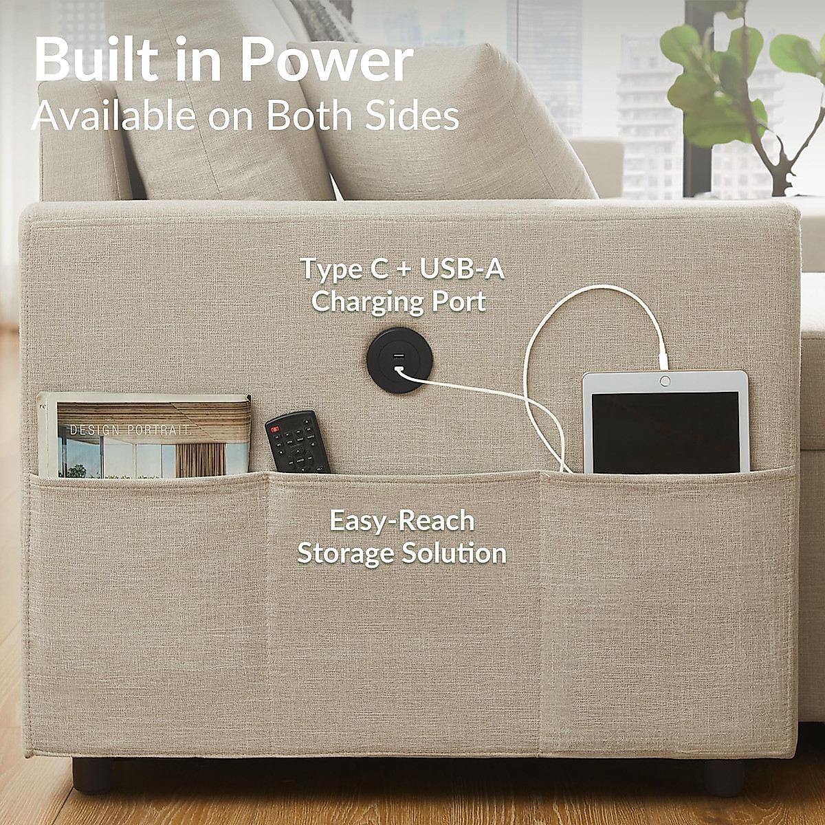 ODIKA L Shaped Convertible Sleeper Sofa Bed, 84" Sectional Couch for Living Room - Dual USB-C Charging, Pull Out Bed, Reversible Chaise with Storage & Pockets, Removable & Washable Beige Linen Covers