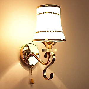 BytheM Wall Lamp White Glass Shade Wall Light Fixtures Golden Finish Retro Indus Candle Crystal Wall Sconce with Pull Cord On/Off Switch Wall Mount Lighting Fixture