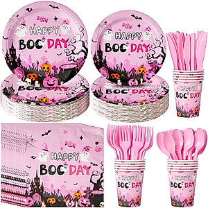 Halloween Happy Boo Day Bayby Shower Party Decorations,Pink Orange Ghost Pumpkin Disposable Paper Plates Napkins Cups Knives Spoons Fork for Girl Halloween Birthday Baby Shower Party Supplies,Serve 50