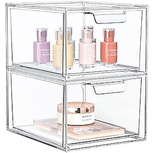 SpaceHacks 2 Pack Stackable Makeup Organizer and Storage, Acrylic Organizers，Clear Plastic Storage Drawer with Handles for Vanity, Undersink, Kitchen Cabinets, Pantry