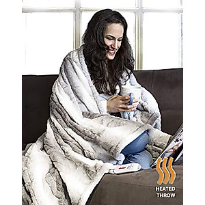 Luxe Faux Fur Soft Plush 100% Animal-Free Electric Throw Heated Blanket with Uniform Heating, 8.5' Power Cord, Handheld Controller with 4 Heat Settings, Grey/White, 50 x 60 in