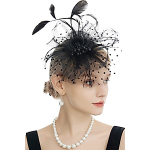 Myjoyday Women's Fascinators, Feathers Tea Party Hat, Veil Headband with Hair Clip for Cocktail Church (Black)