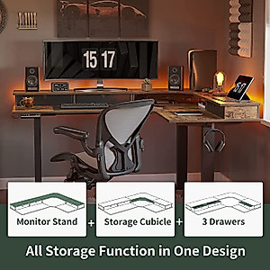 FEZIBO Triple Motor L-Shaped Electric Standing Desk with 3 Drawers, Stand up Desk, Height Adjustable Desk with 3 Drawer Lateral File Cabinet, 63 x 24 Inches Rustic Brown Top/Black Frame (2 Packages)