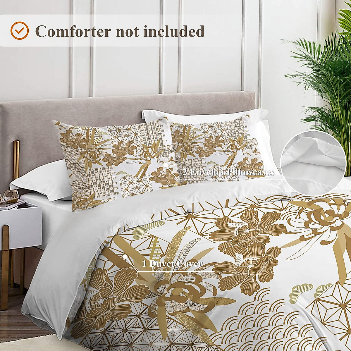 Shrahala Gold Japanese Floral Duvet Cover Set Queen Size, Spring 3 Pieces Soft Brushed 100% Cotton Duvet Covers with Button Closure, 1 Duvet Cover 90x90 inches and 2 Pillow Shams